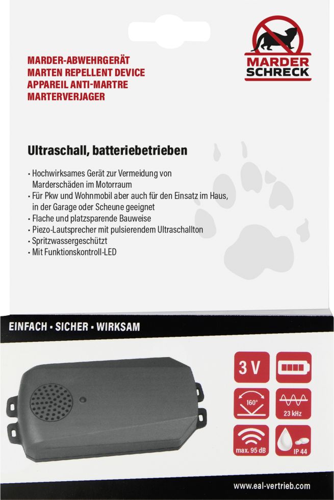 LAS Marder-Abwehrgerät mit Ultraschall 95dB 3V DC batteriebetrieben ...