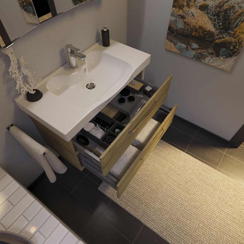 Pelipal Badmöbel-Set Trentino Riviera Eiche quer mit Keramik-Waschtisch ...