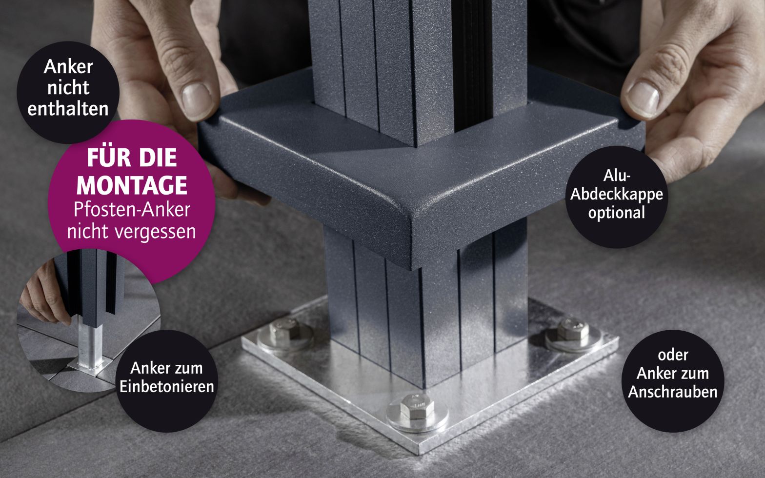 Ambiente Aluminium-Pfosten 127 cm, 68 x 68 mm, Anthrazit Struktur 7016 ...