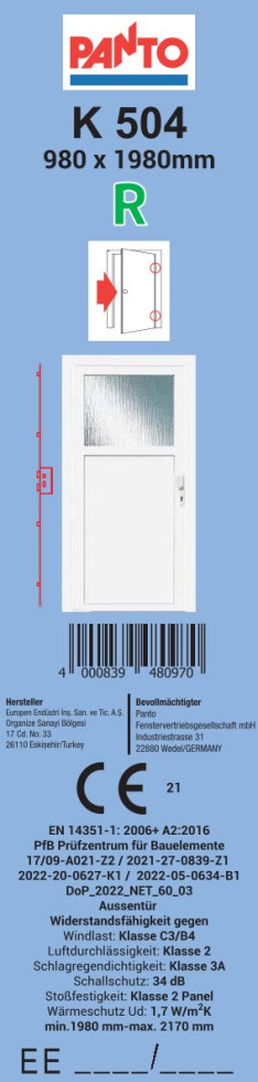 Panto Nebeneingangstür Kunststoff K504 98 x 198 cm DIN rechts weiß kaufen | Globus Baumarkt